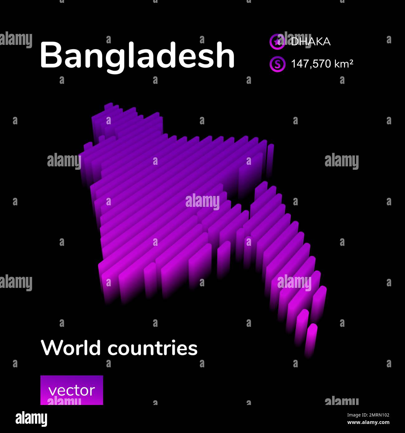 Bangladesh 3D map. Stylized neon digital isometric striped vector ...
