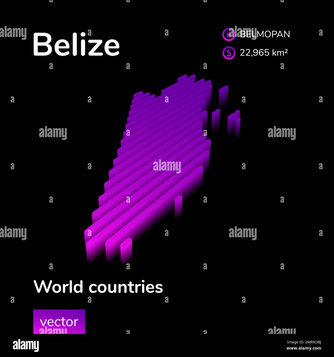 Belize 3D map. Stylized striped neon isometric digital vector Map of ...
