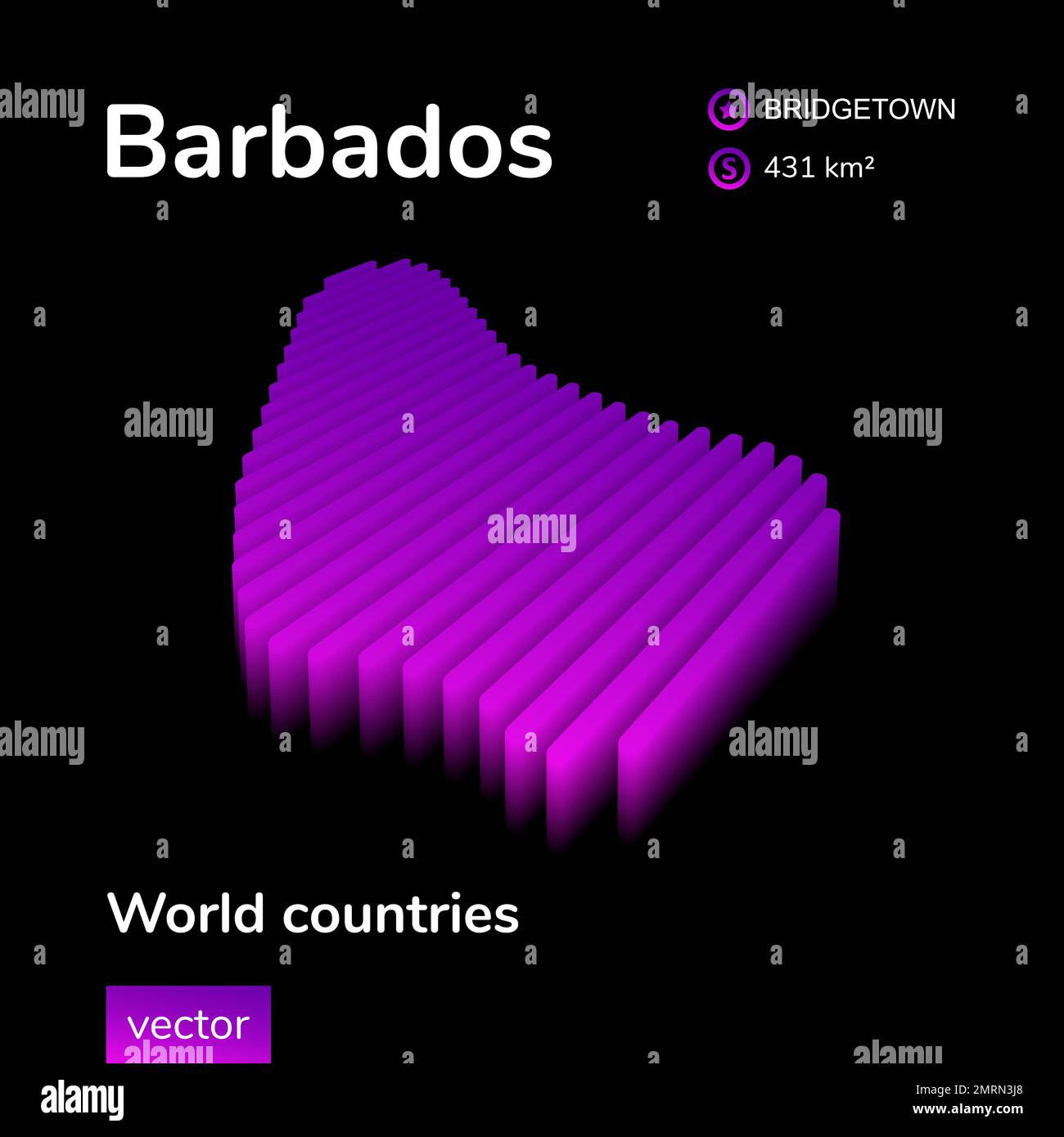 Barbados 3D map. Stylized striped vector neon isometric digital Map of ...