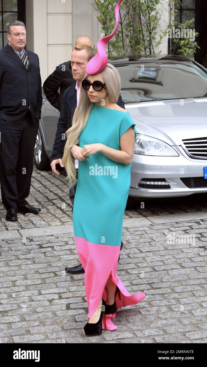 Lady Gaga is seen leaving her London hotel in a colorful green and hot ...