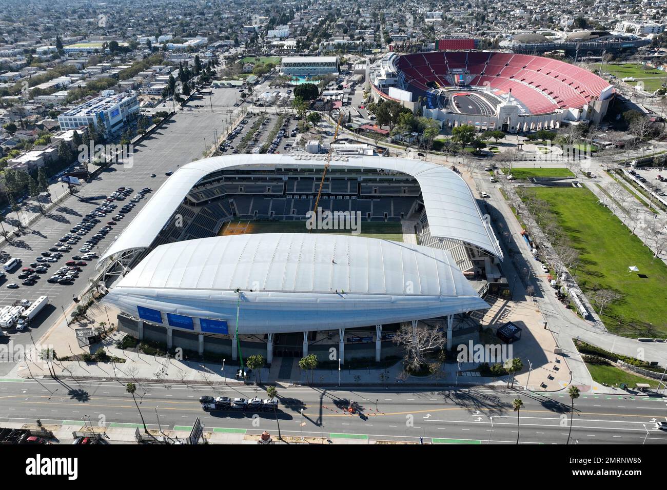 A general overall aerial view as workers remove Banc of California ...
