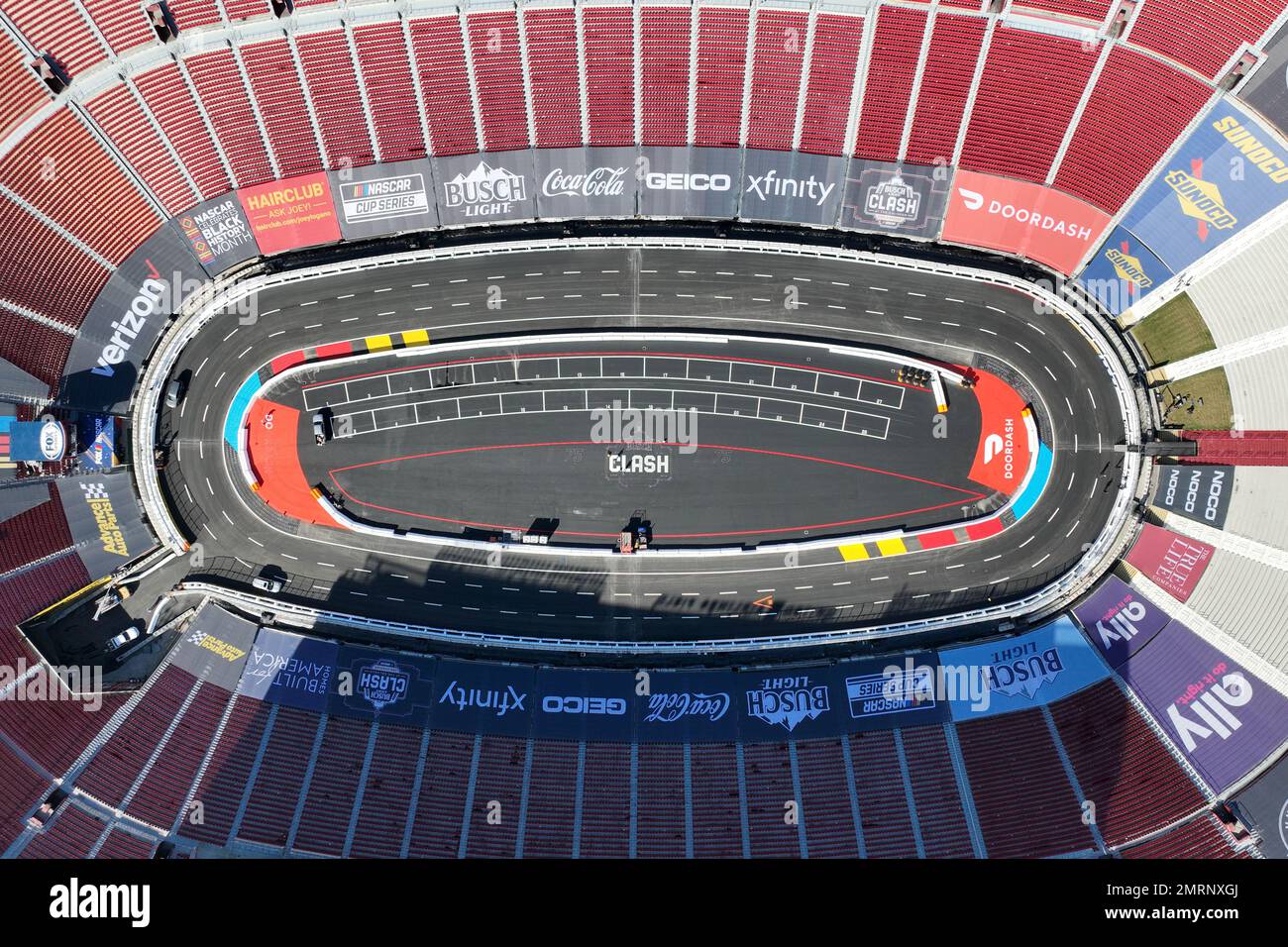 A general overall aerial view of the temporary asphalt racetrack at the Los Angeles Memorial ...