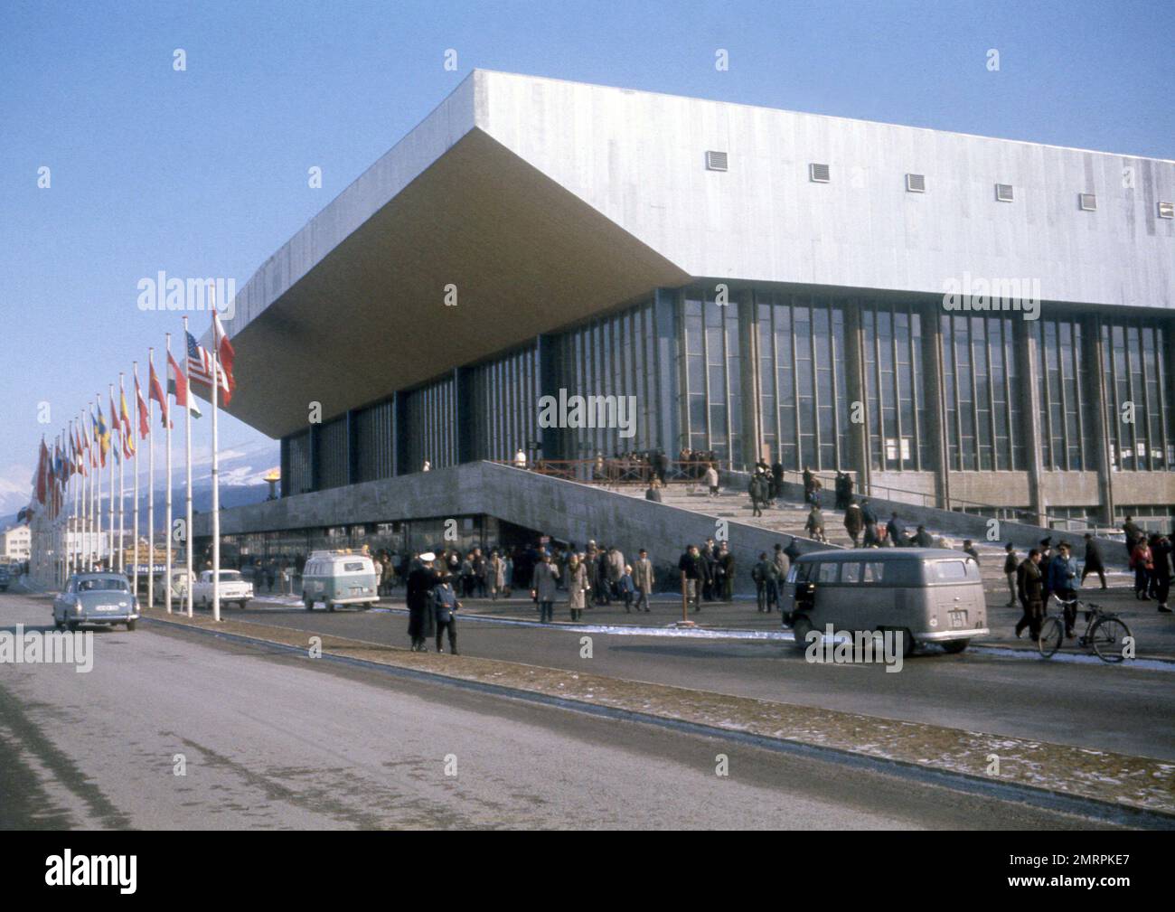 The exterior of the new Innsbruck skating stadium with the Olympic ...