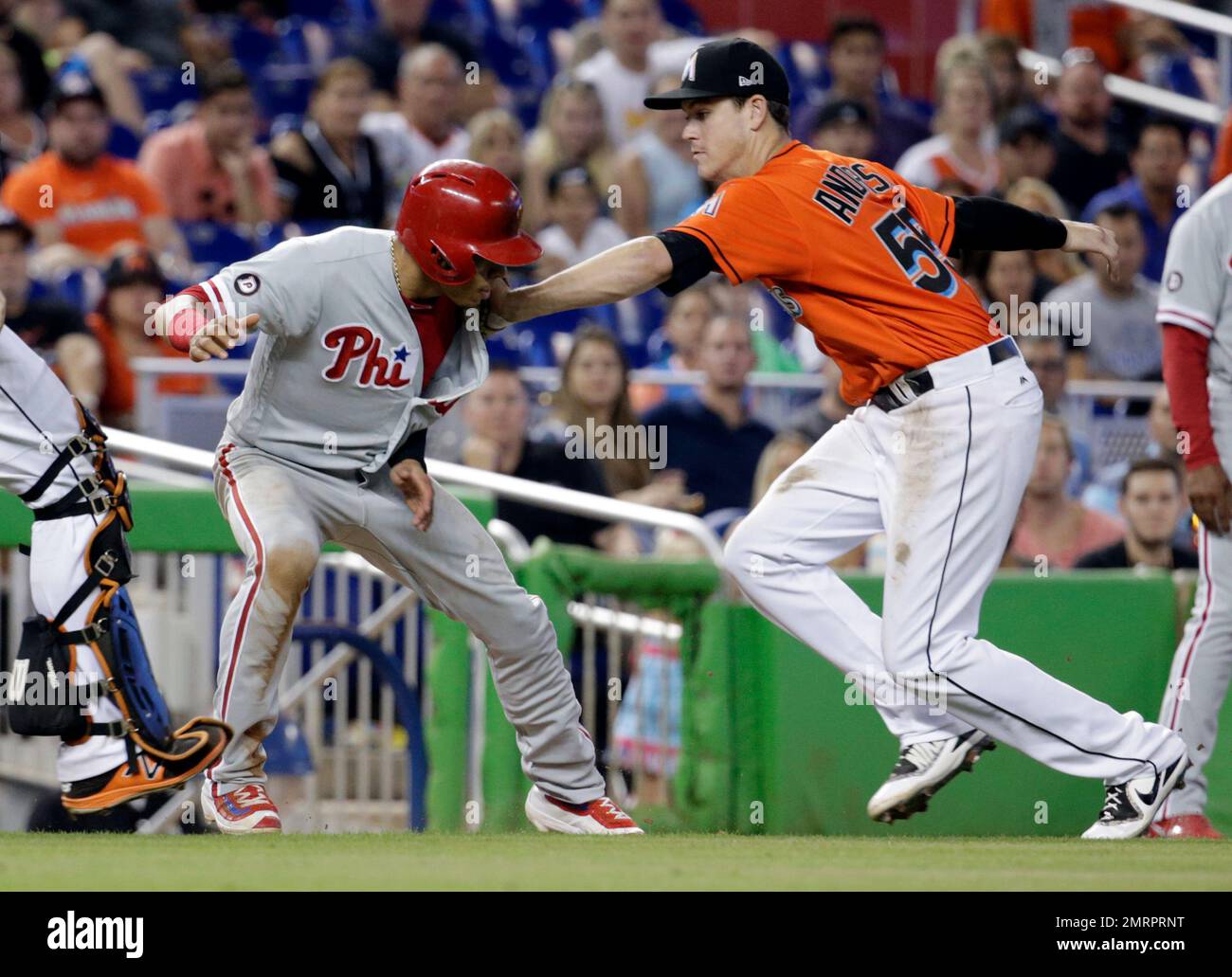Miami Marlins third baseman Brian Anderson (55) puts out Philadelphia ...