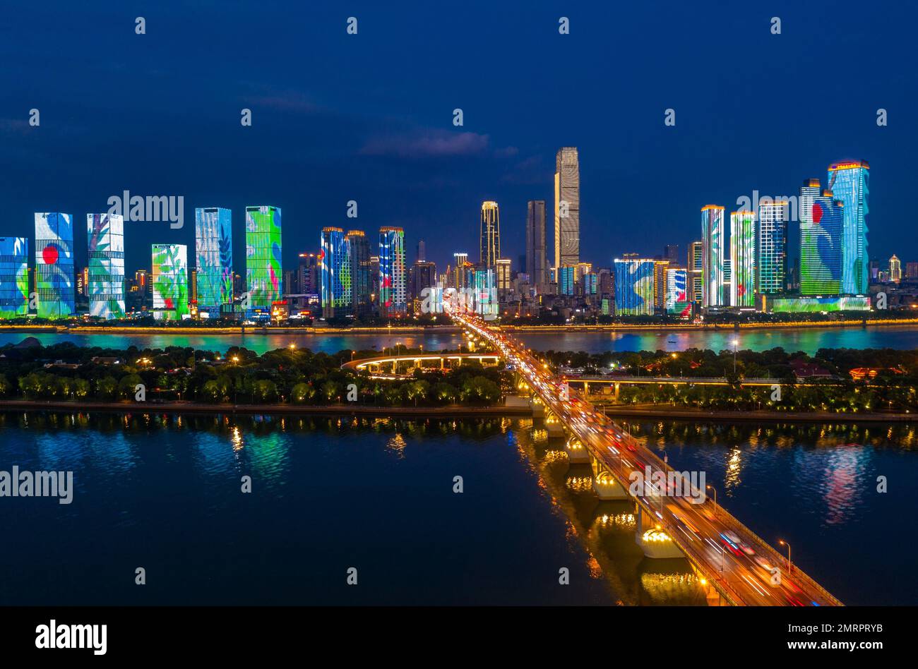 Aerial j bridge in changsha xiangjiang river city night scene Stock ...