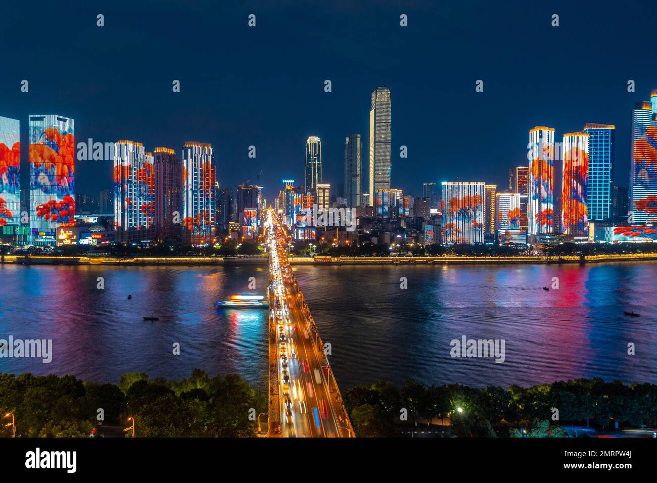 Aerial j bridge in changsha xiangjiang river city night scene Stock ...