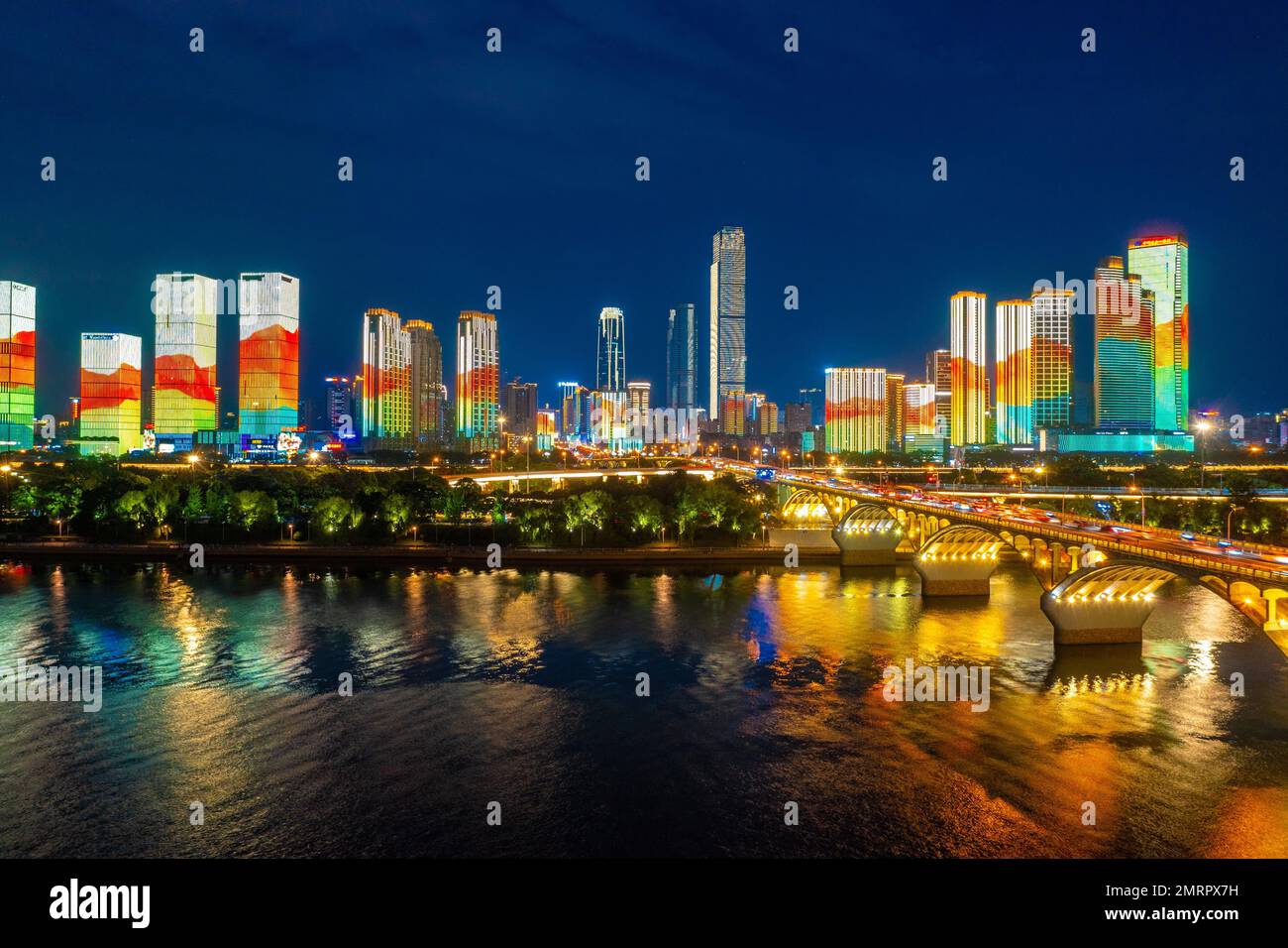 Aerial j bridge in changsha xiangjiang river city night scene Stock ...