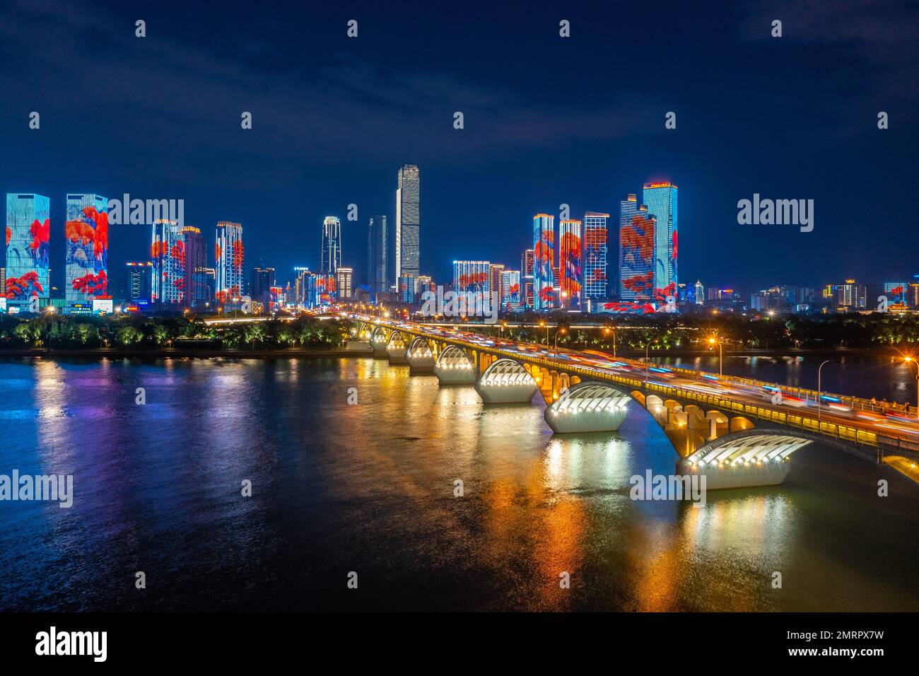 Aerial j bridge in changsha xiangjiang river city night scene Stock ...