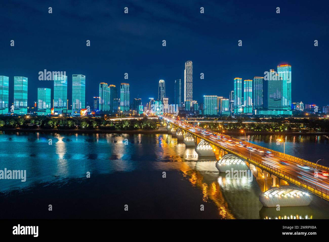 Aerial j bridge in changsha xiangjiang river city night scene Stock ...