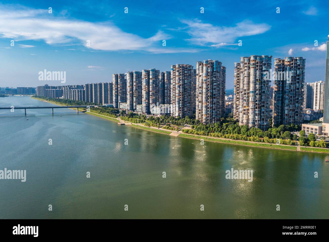 Aerial changsha riverside cultural park xiangjiang river east coast ...