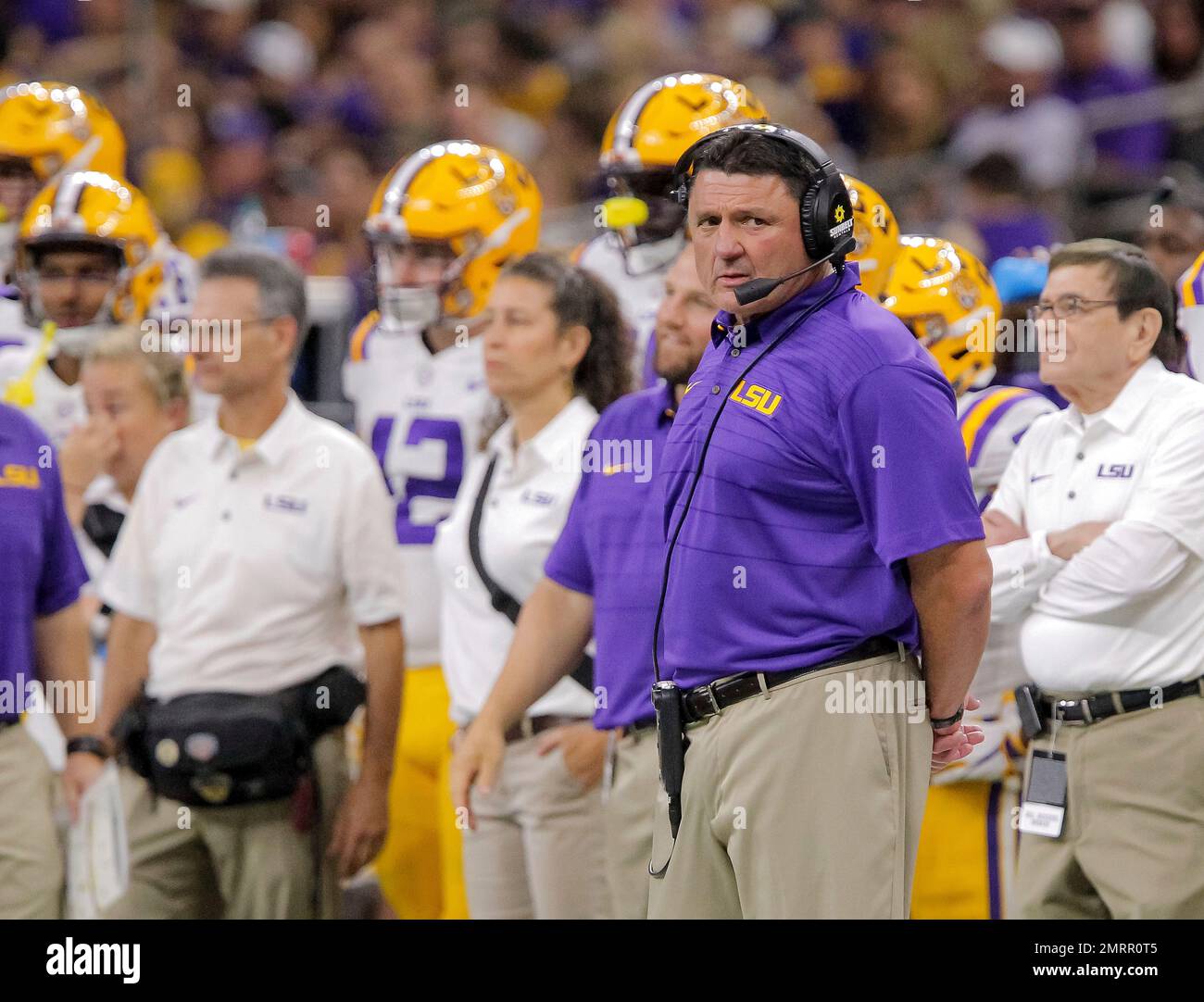 Lsu Head Coach Ed Orgeron Watches The Action Against Byu In The Second