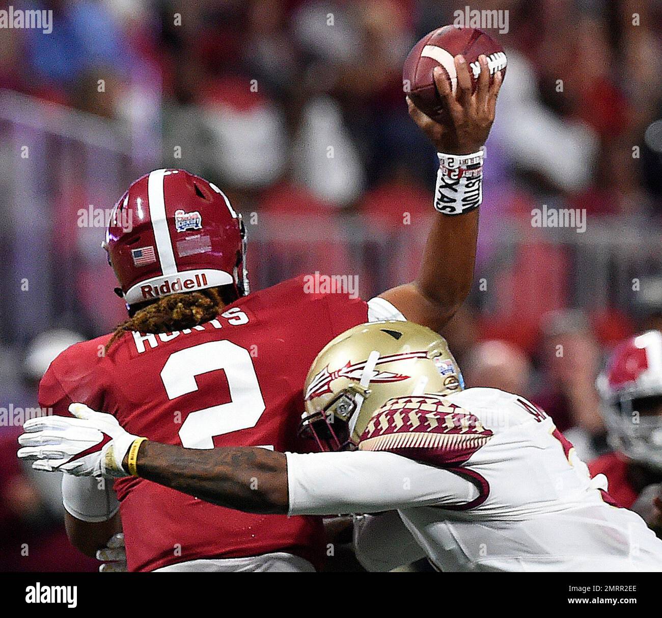 Florida State defensive back Derwin James (3) hits Alabama quarterback ...