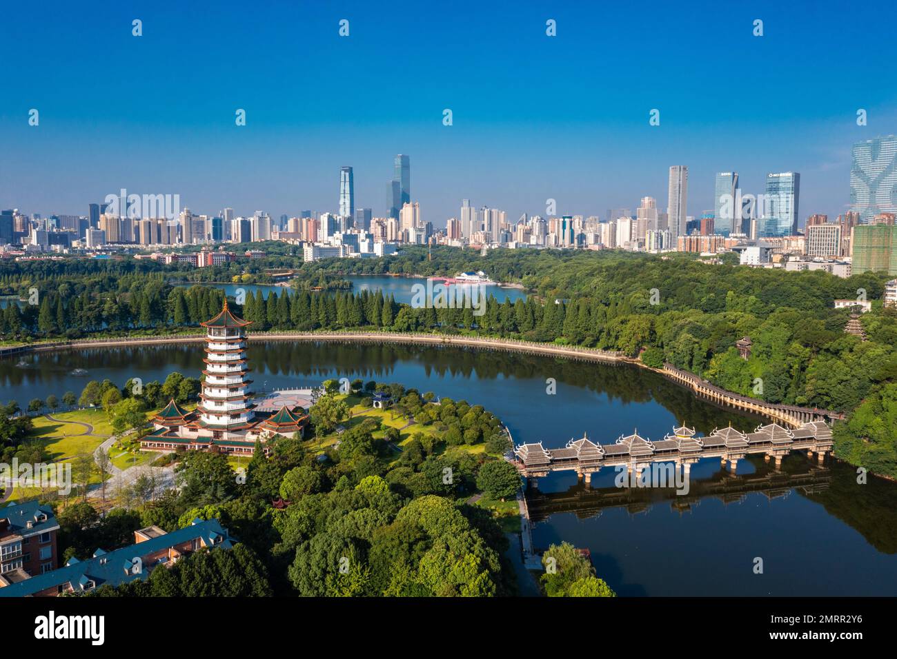 Aerial leap changsha martyrs park lake xiaoxiang pavilion with wind and ...