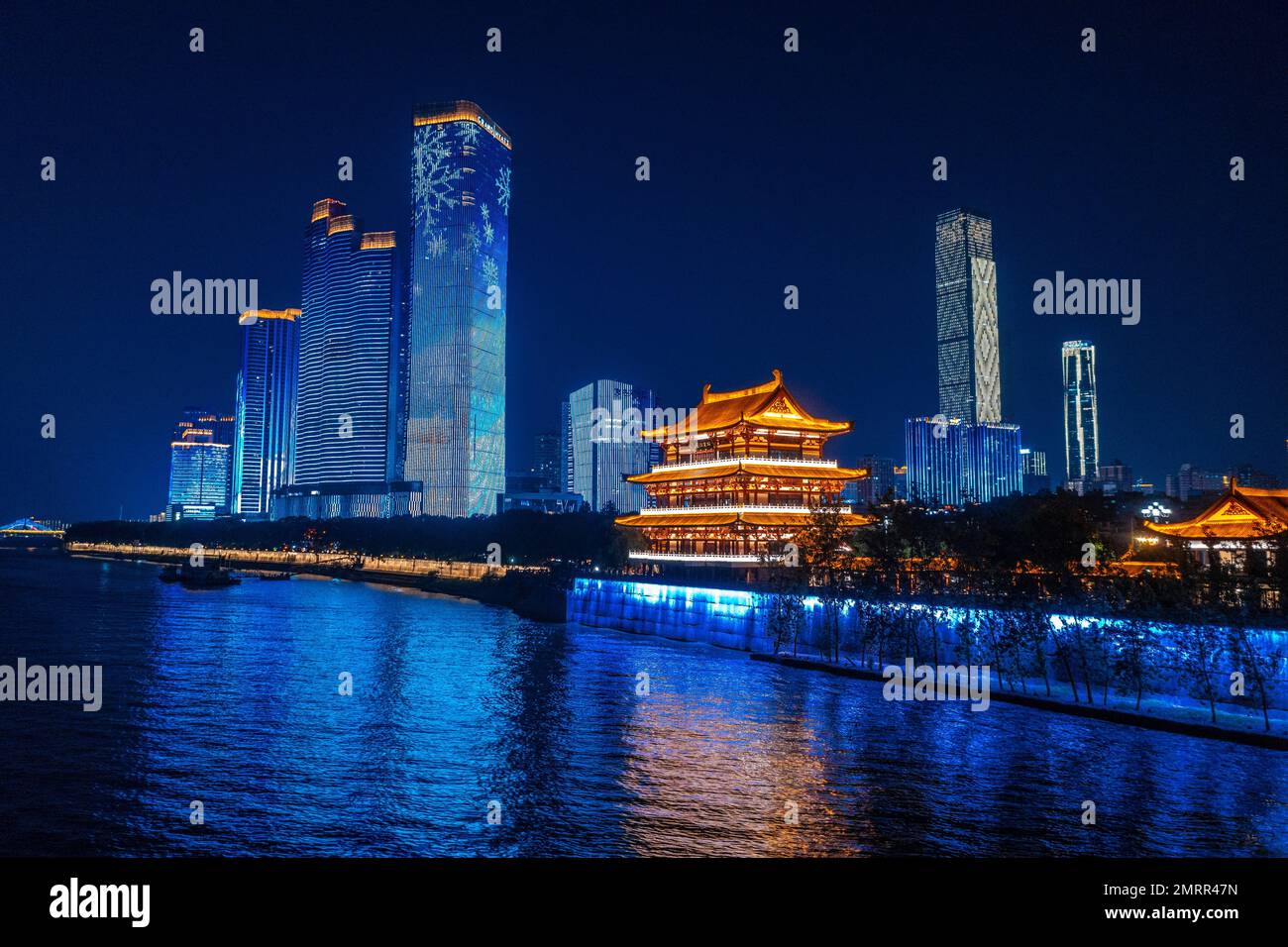 Aerial changsha xiangjiang river riverside scenery Du Fujiang pavilion ...