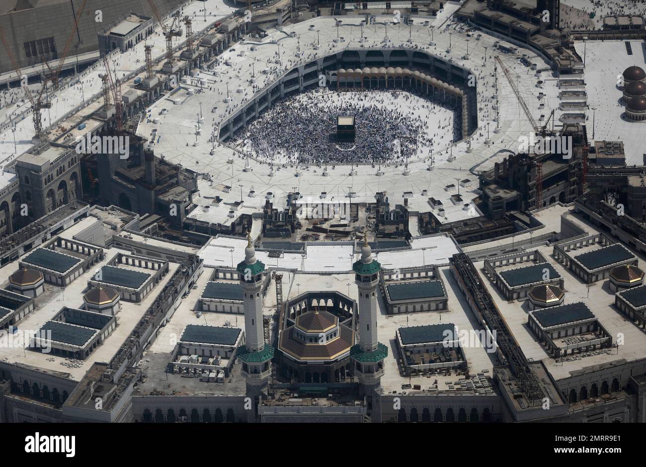 An aerial of the Grand mosque as Muslim pilgrims walk around the Kaaba ...