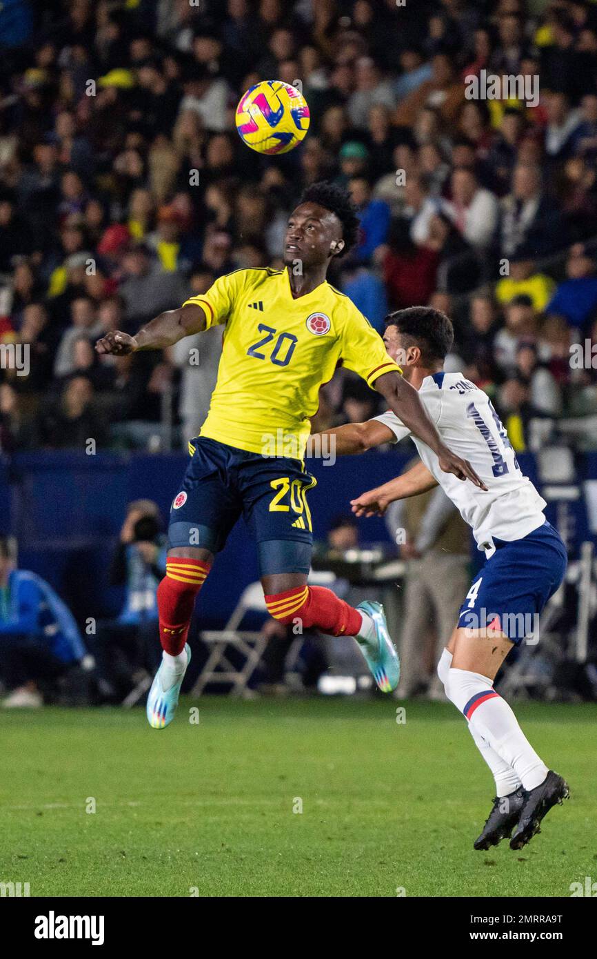Colombia midfielder Santiago Moreno (20) wins a header against United ...