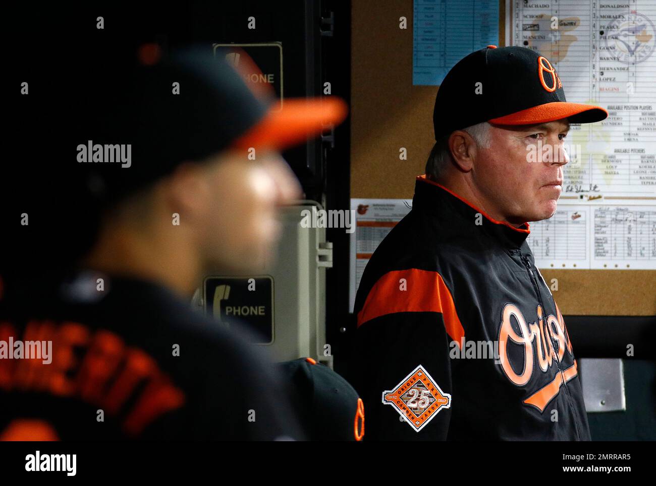 Baltimore Orioles manager Buck Showalter stands in the dugout during ...