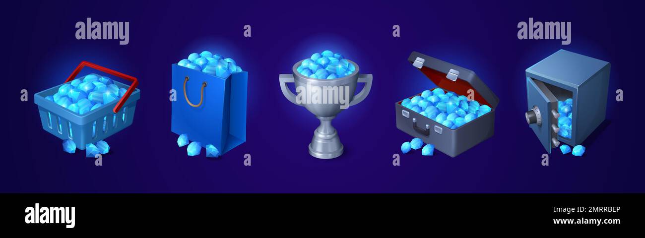 Piles of blue gemstones in bag, silver cup, deposit box and suitcase ...