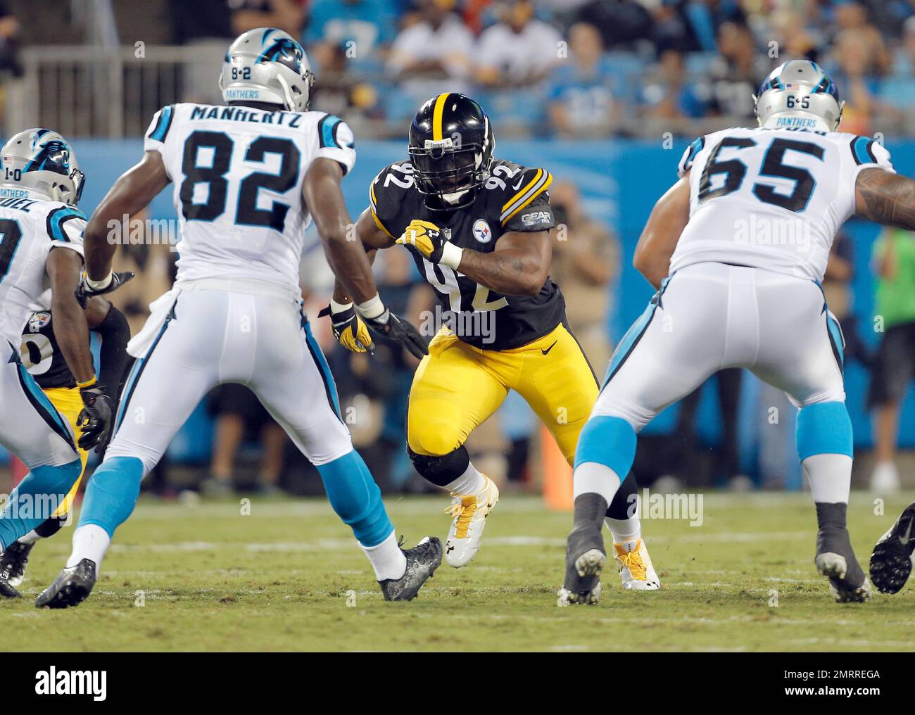 Pittsburgh Steelers' James Harrison (92) looks to get through Carolina ...