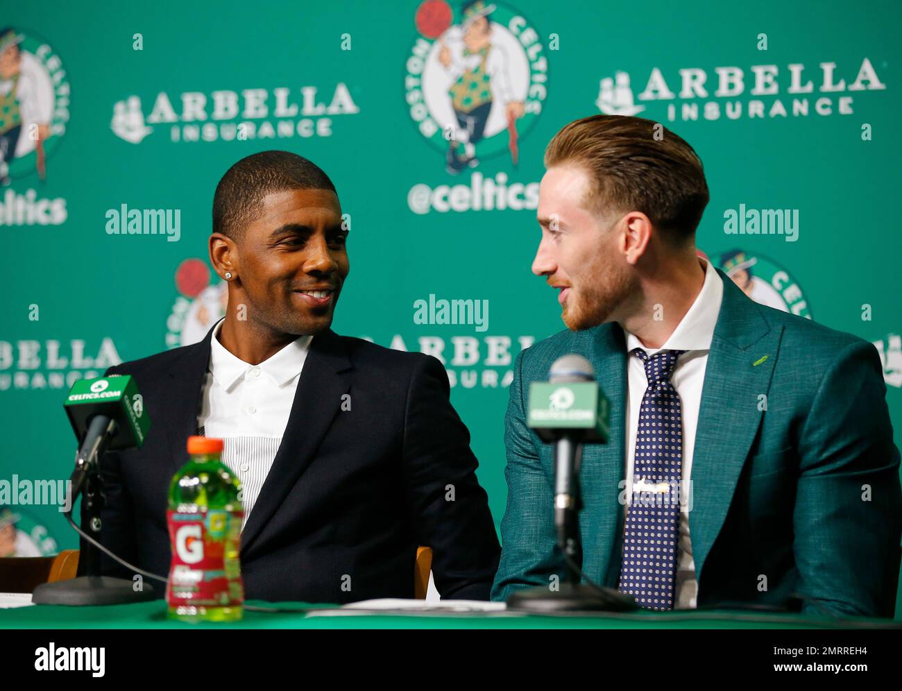 Boston Celtics' Kyrie Irving and Gordon Hayward share a laugh during a ...
