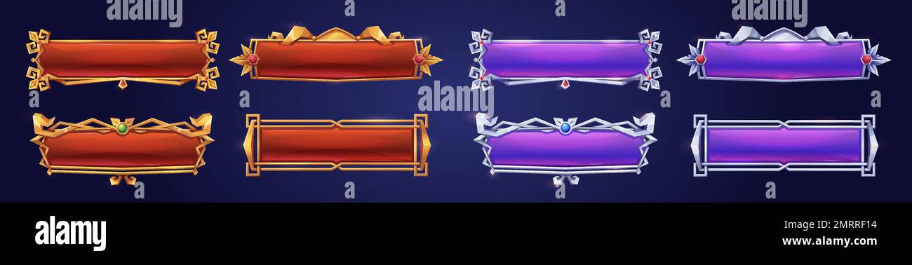 Medieval buttons, ui game menu elements, oblong banners and gold silver ornate rims. Empty royal ...