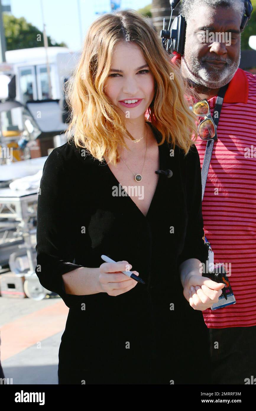 Lily James arrives for her interview with Extra. Los Angeles, CA. 25th ...