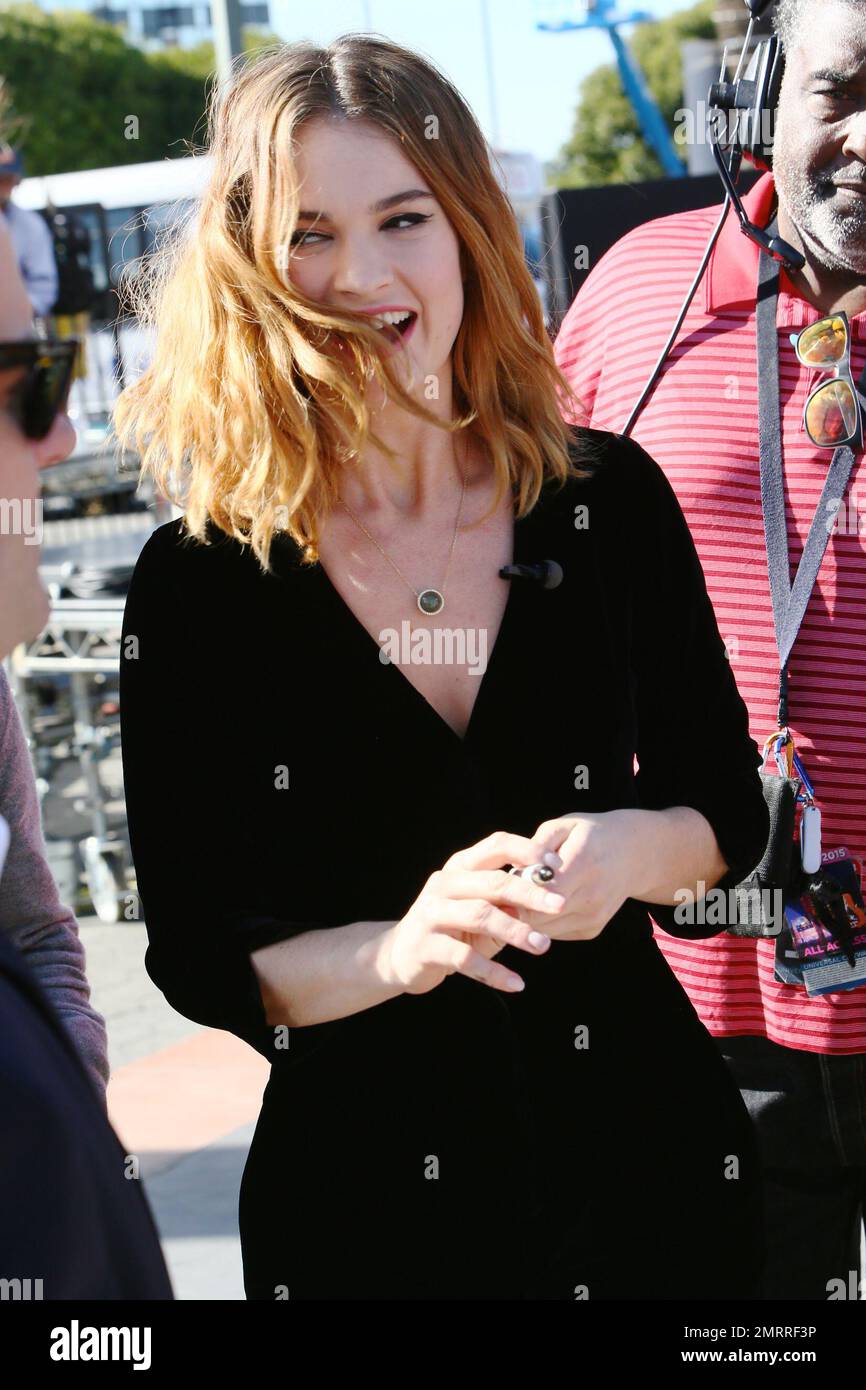 Lily James arrives for her interview with Extra. Los Angeles, CA. 25th ...