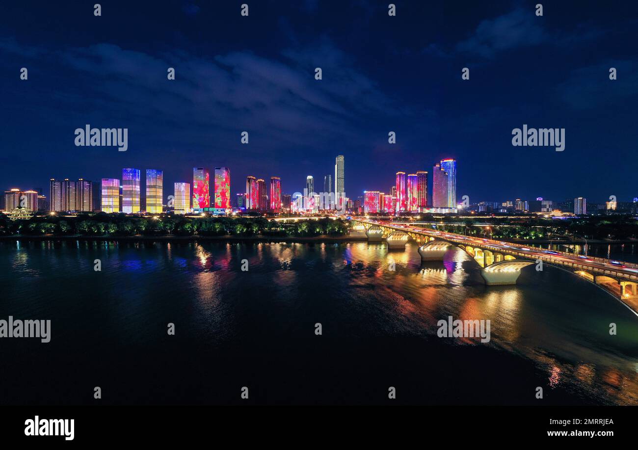 Aerial j bridge in changsha xiangjiang river city night scene Stock ...