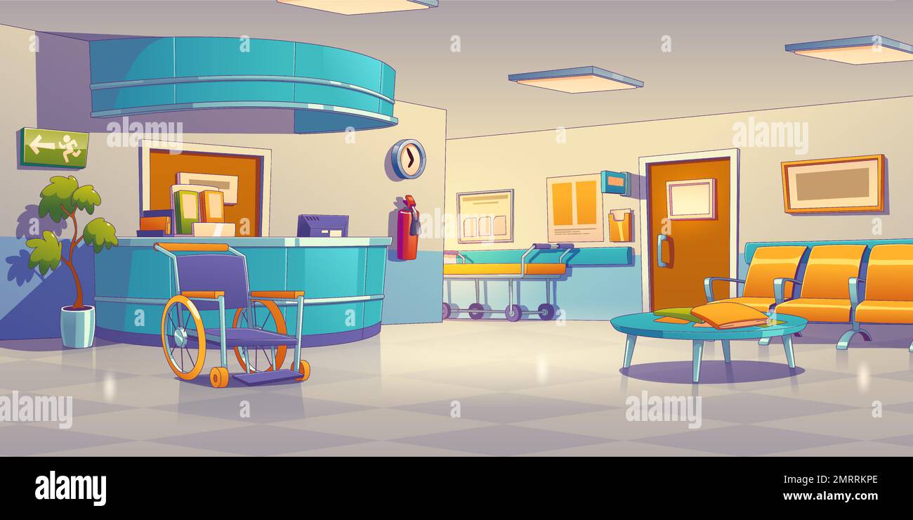 Hospital corridor interior design with reception desk, bench in waiting ...