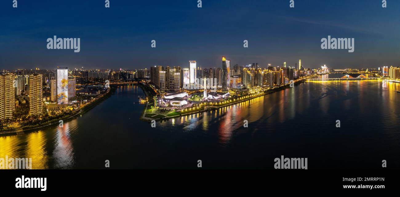 Aerial night at changsha beichen delta riverside cultural panorama ...