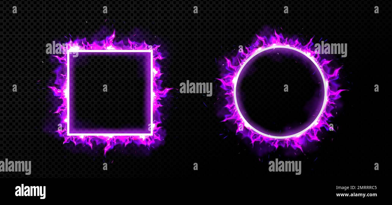 Circle and square frames with purple fire. Fantasy banners with burning ...
