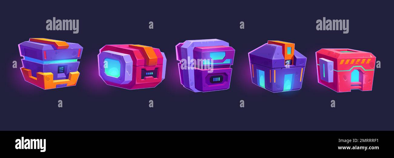 Game futuristic boxes, future technology chests. Icons of sci-fi ...