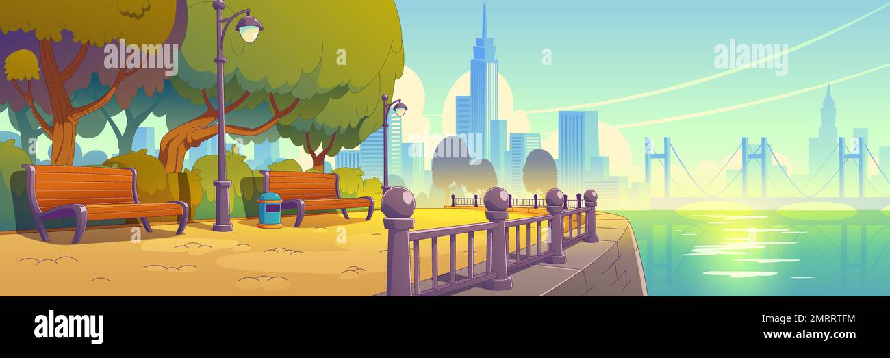 Summer cityscape with benches in park on river bank. Vector ...