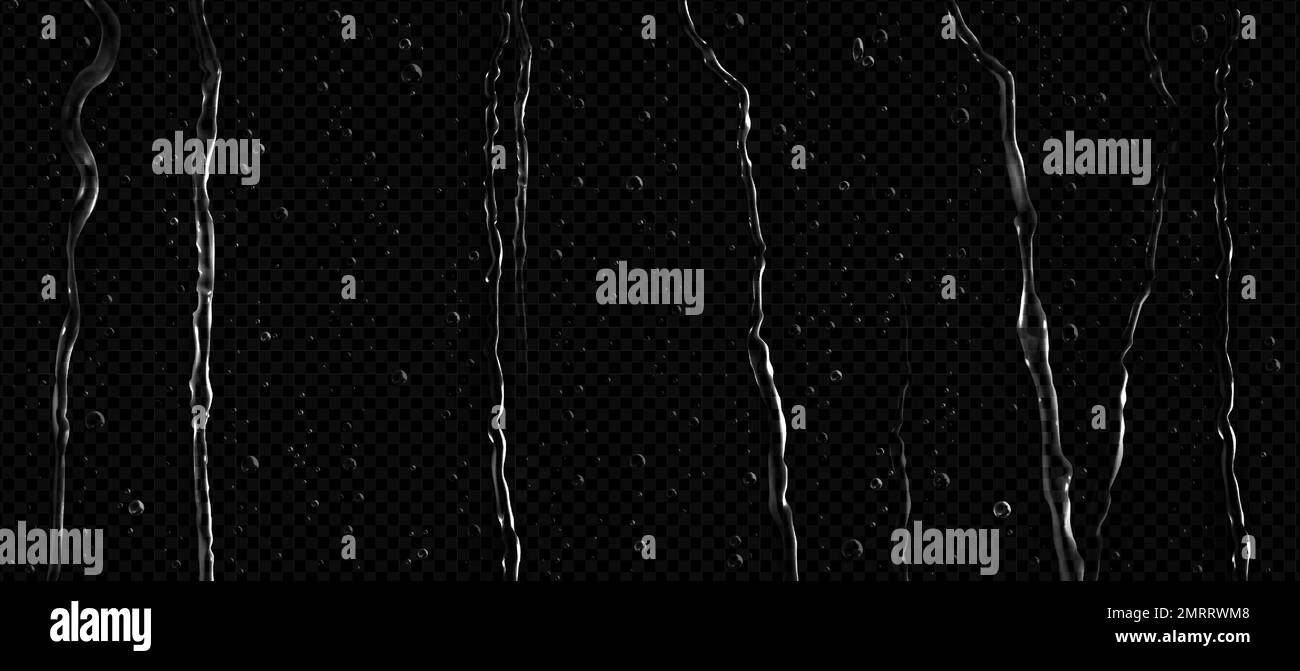 Realistic water drops and streams on black background. Vector ...