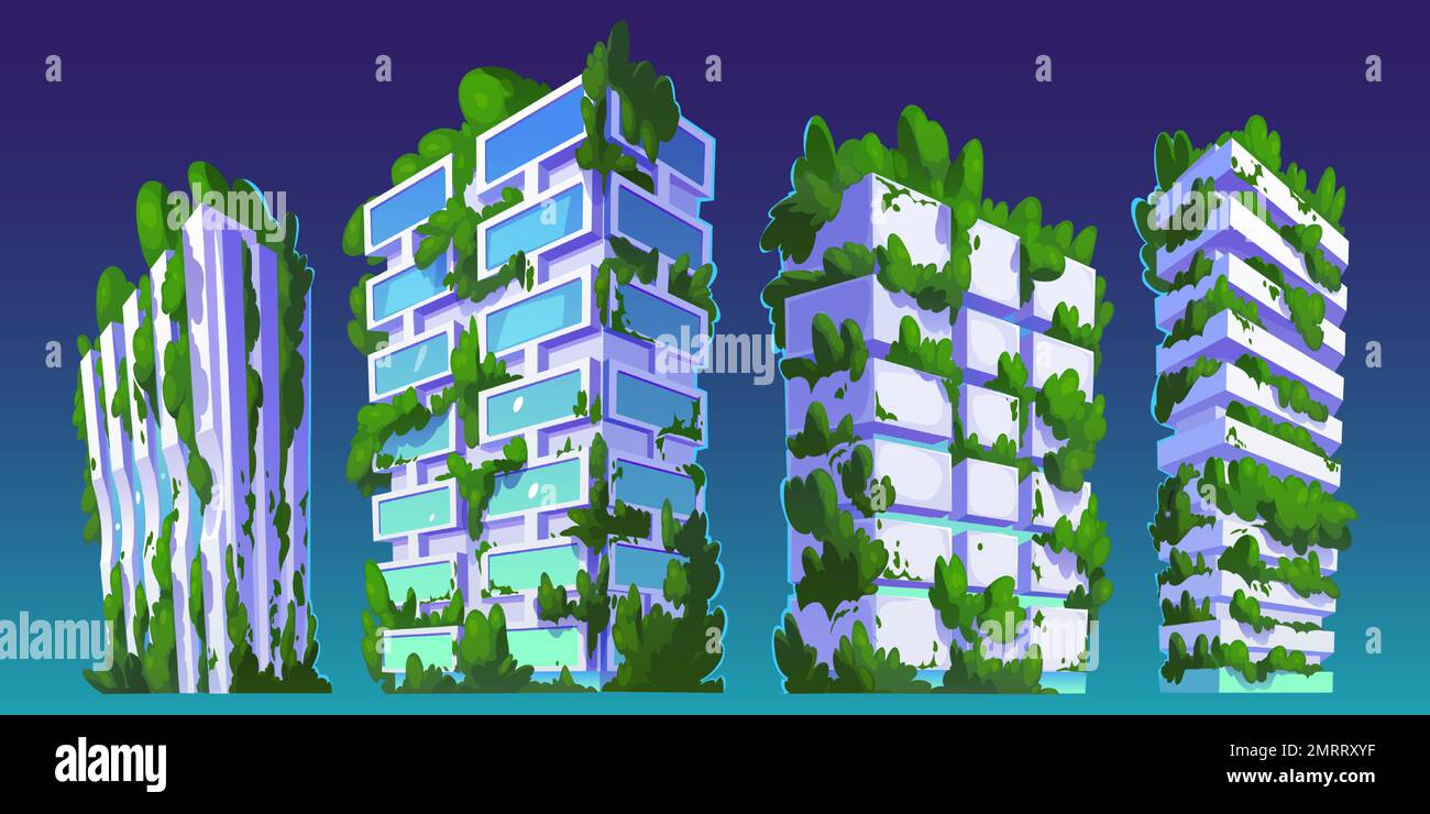 Set of futuristic eco buildings isolated on blue background. Vector ...