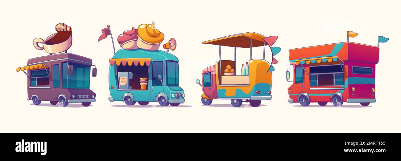 Food trucks with ice cream, coffee, drinks and snacks. Street food vans ...