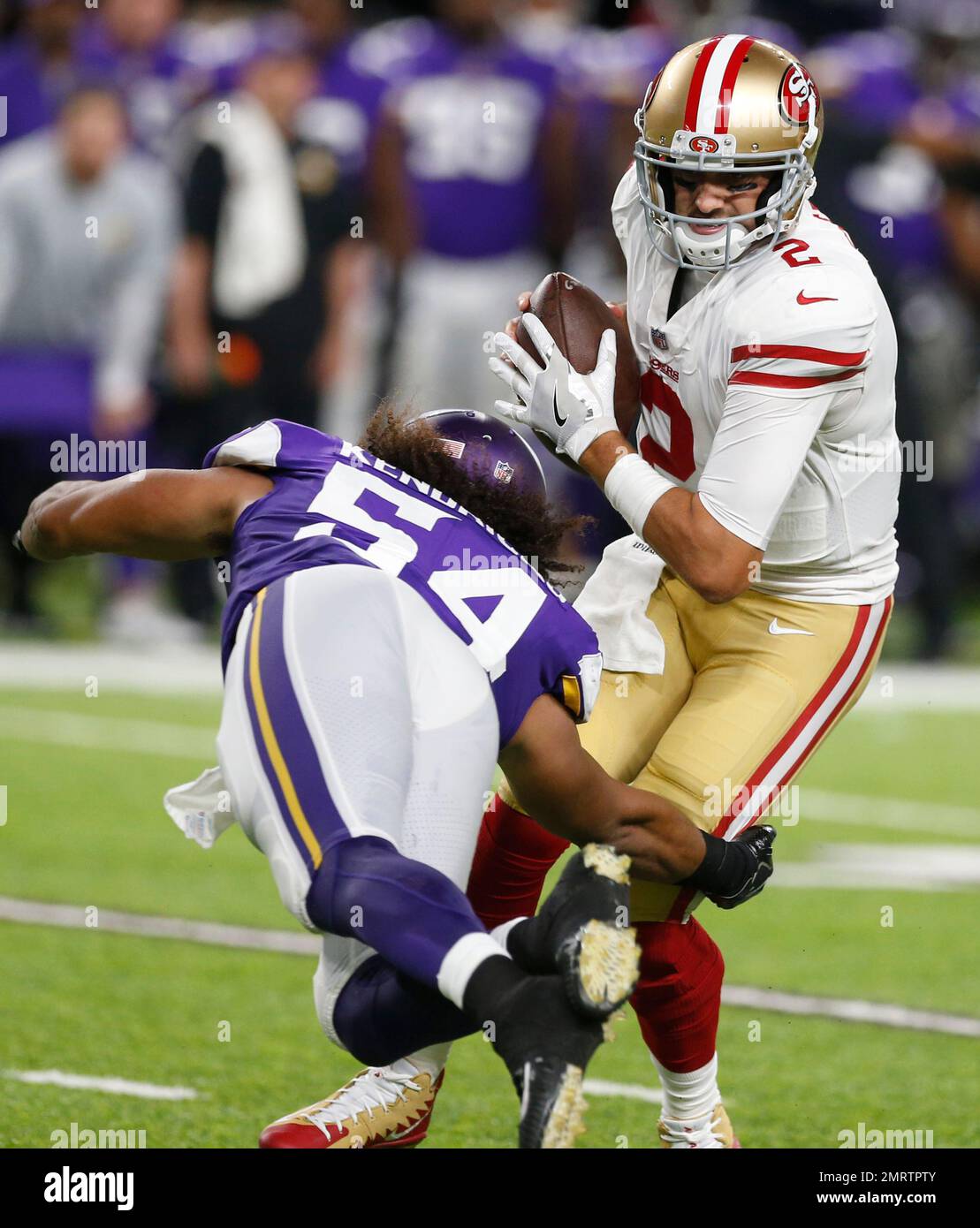 San Francisco 49ers quarterback Brian Hoyer (2) is pressured by ...