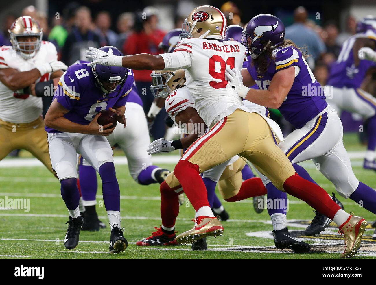 San Francisco 49ers defensive end Arik Armstead (91) sacks Minnesota Vikings quarterback Sam ...