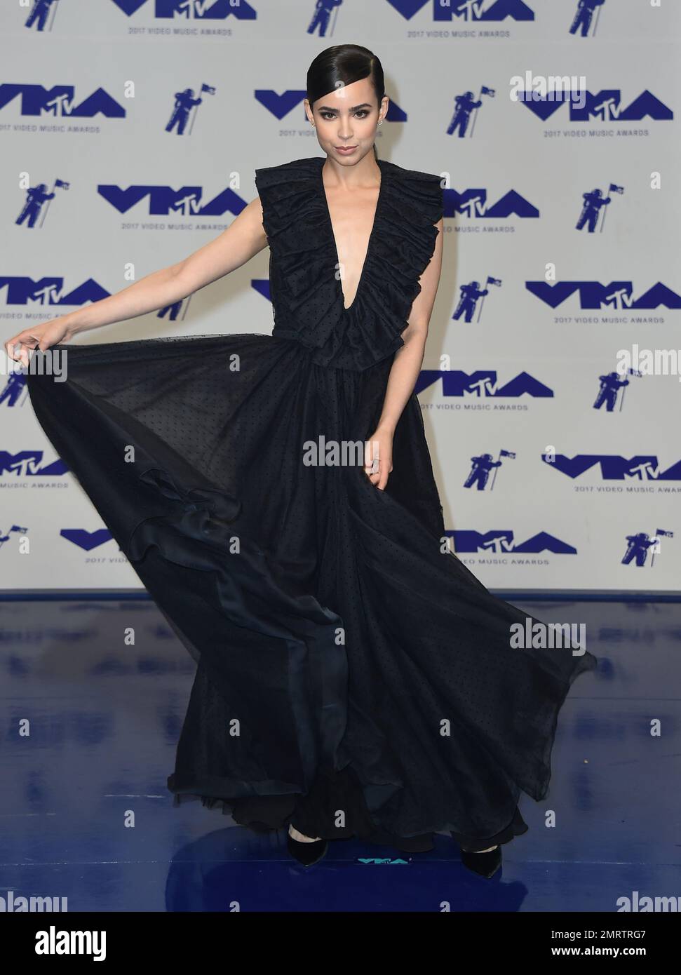 Sofia Carson arrives at the MTV Video Music Awards at The Forum on Sunday, Aug. 27, 2017, in ...