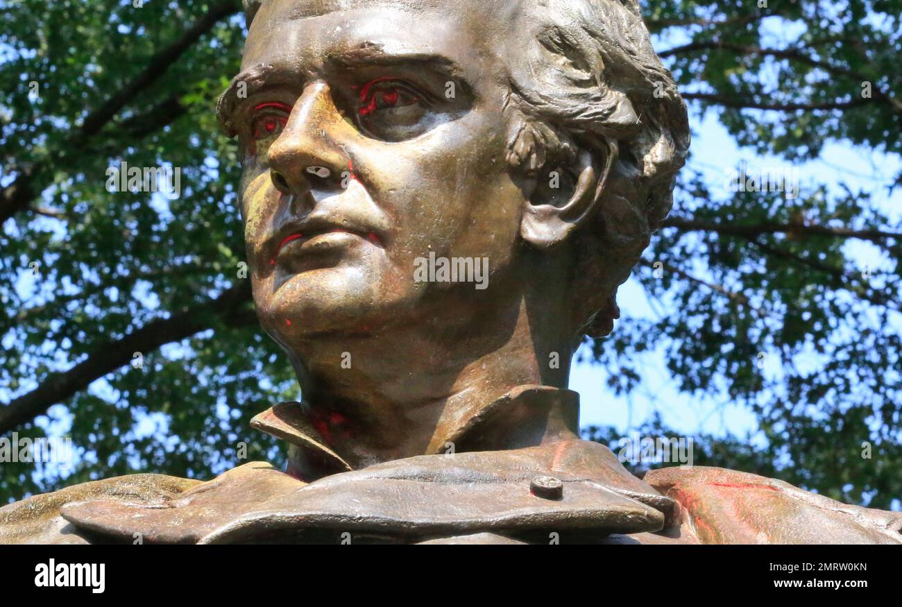 A Central Park statue of Dr. J. Marion Sims is shown with red markings ...