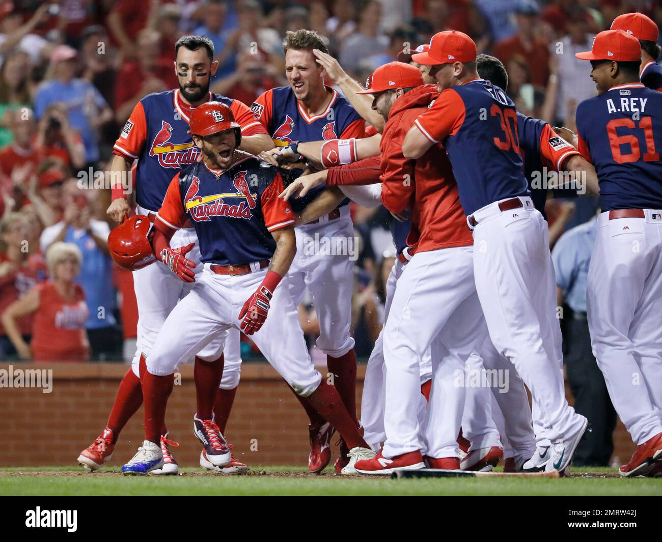 St. Louis Cardinals' Tommy Pham, second from left, is is congratulated ...