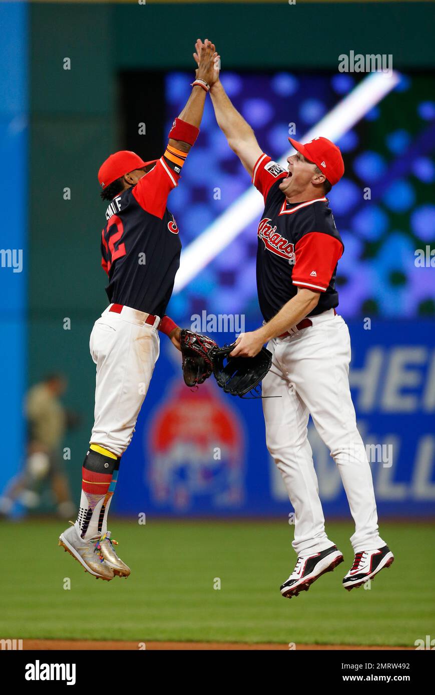 Cleveland Indians' Jay Bruce, right, and Francisco Lindor celebrate a 4 ...