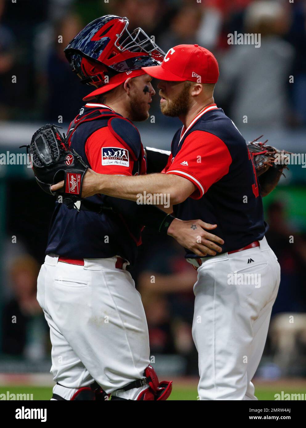 Cleveland Indians starting pitcher Cody Allen, right, and Roberto Perez ...