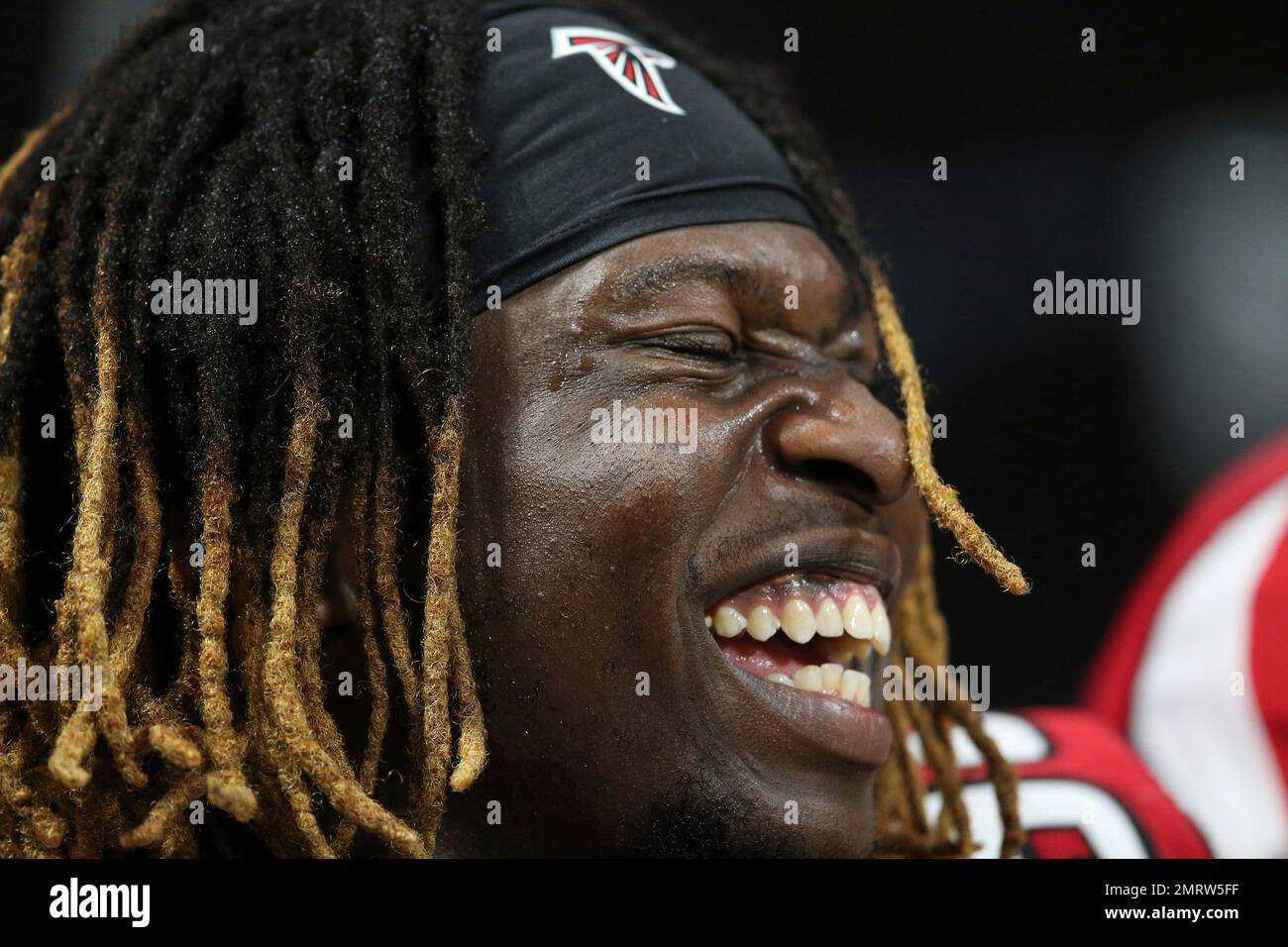 Atlanta Falcons defensive end Takkarist McKinley (98) sits on the bench ...