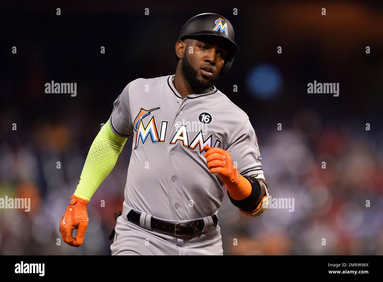 Miami Marlins' Marcell Ozuna in action during the second baseball game ...