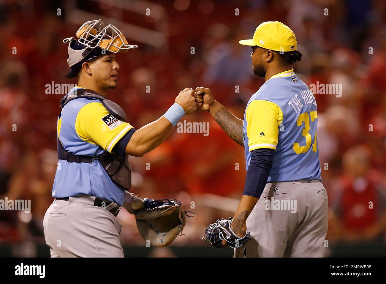 Tampa Bay Rays relief pitcher Alex Colome and catcher Wilson Ramos ...