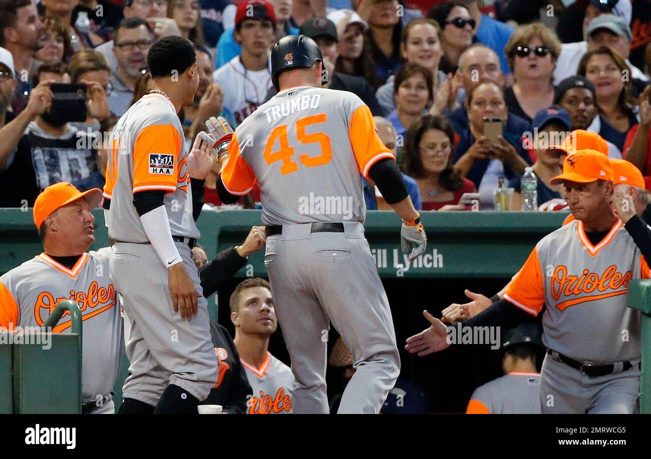 Baltimore Orioles' Mark Trumbo (45) celebrates his solo home run during ...
