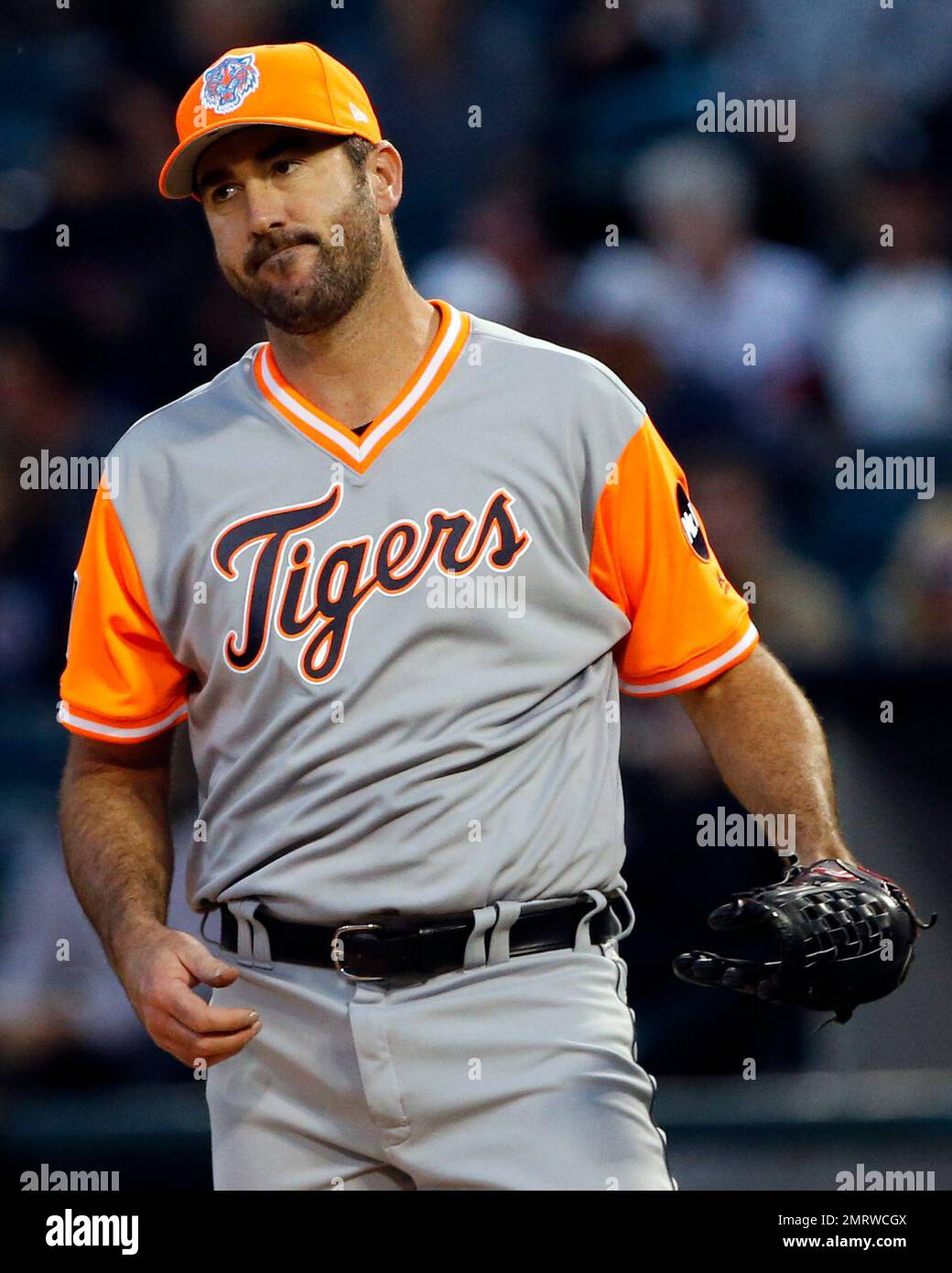 Detroit Tigers starting pitcher Justin Verlander reacts during the ...