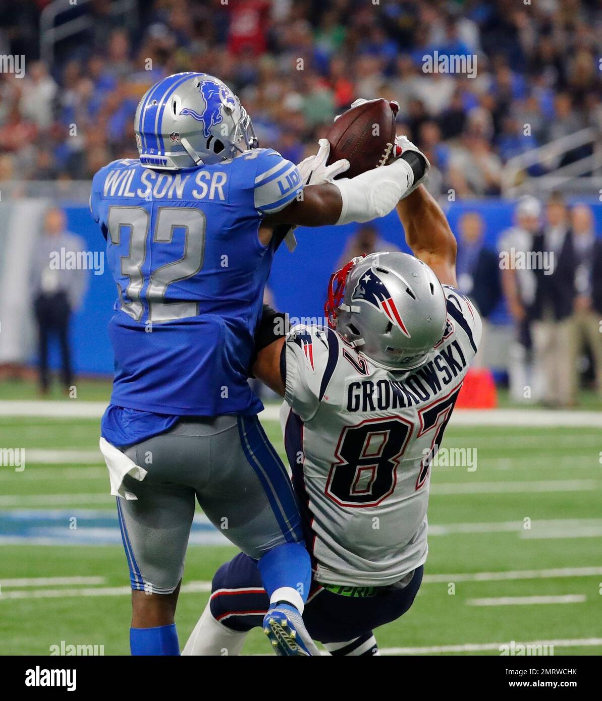 Detroit Lions strong safety Tavon Wilson (32) knocks the ball away form ...