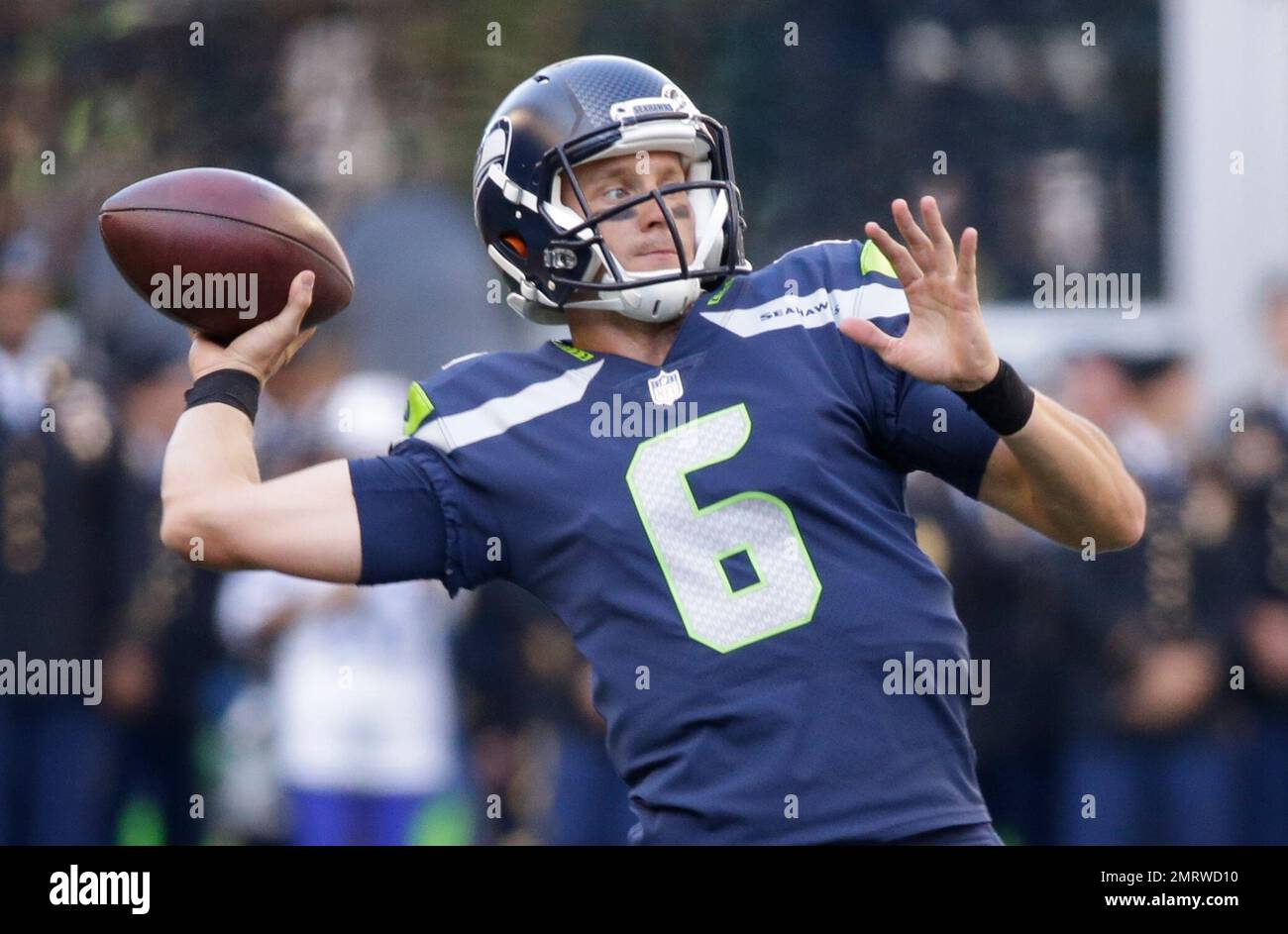 Seattle Seahawks backup quarterback Austin Davis passes during warmups ...